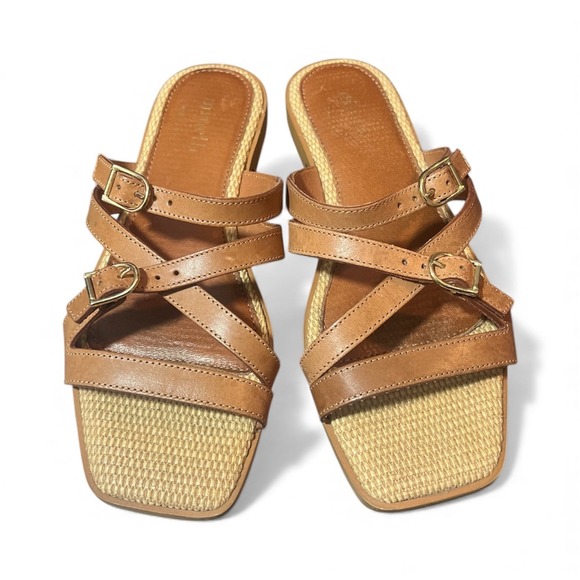 Minelli | Shoes | Minelli Tan Leather Strappy Square Toe Slide Sandals ...